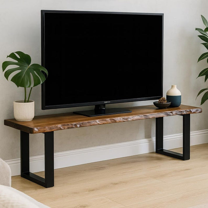 Live Edge Wood TV Stand with Metal Legs Rustic Solid Wood Media Consol ...