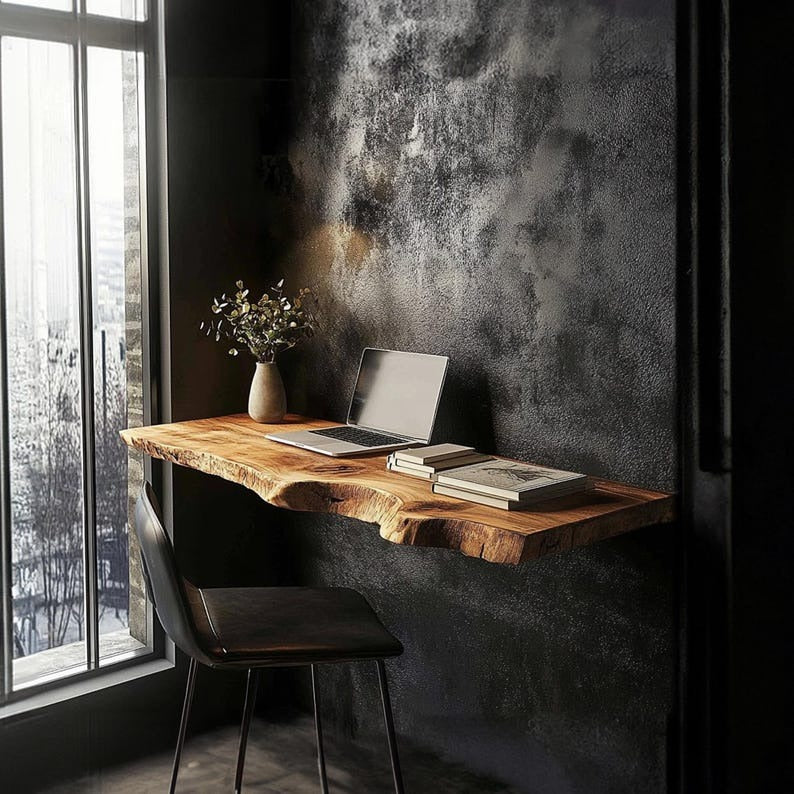 Rustic Live Edge Floating Desk, Solid Wood Wall Mounted Shelf Table fo ...